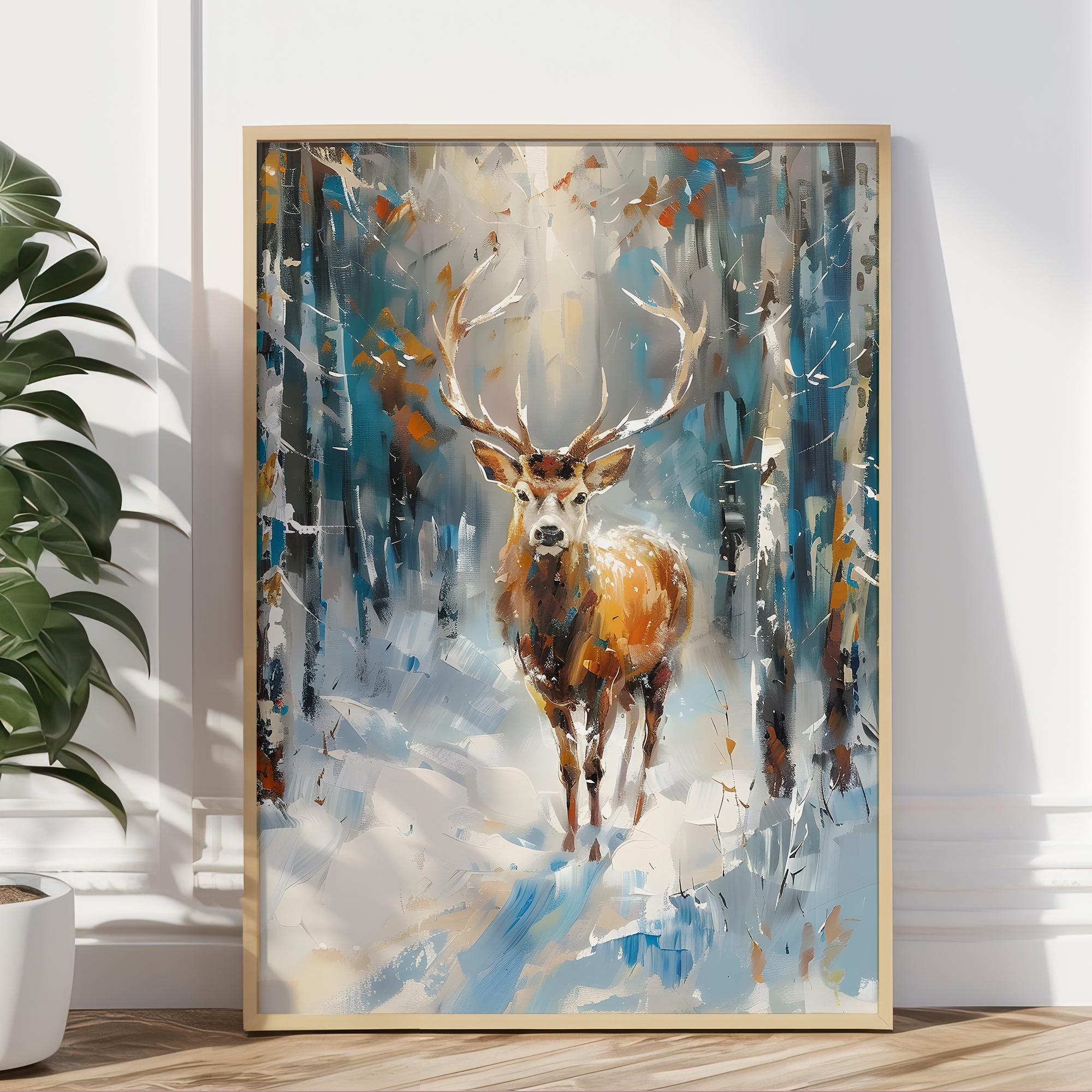 Printable - Stag in Winter Forest, Vintage Painting | Christmas Print ...