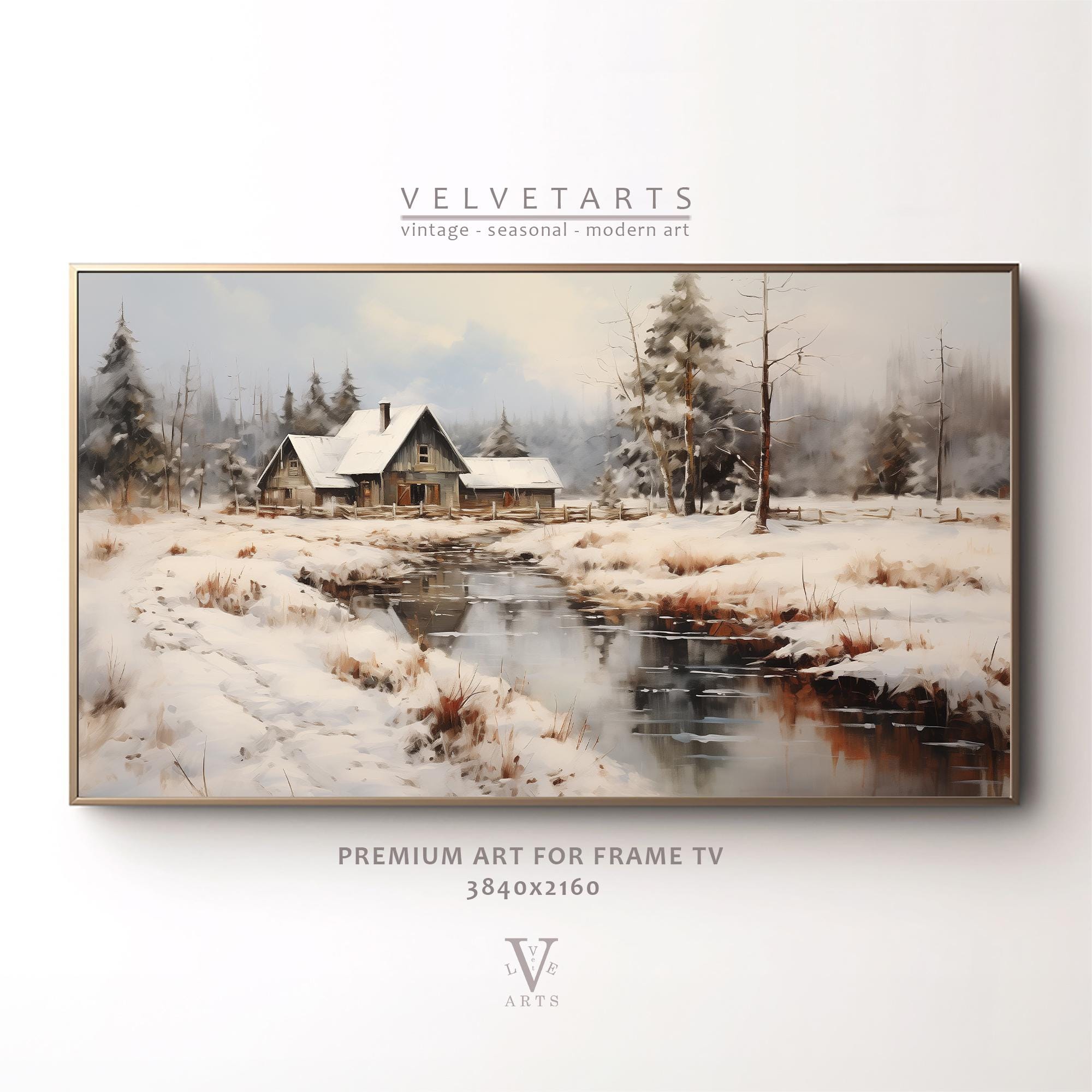 Frame TV Art - Riverbank Cabin Winter Forest | Christmas Decor, Winter ...