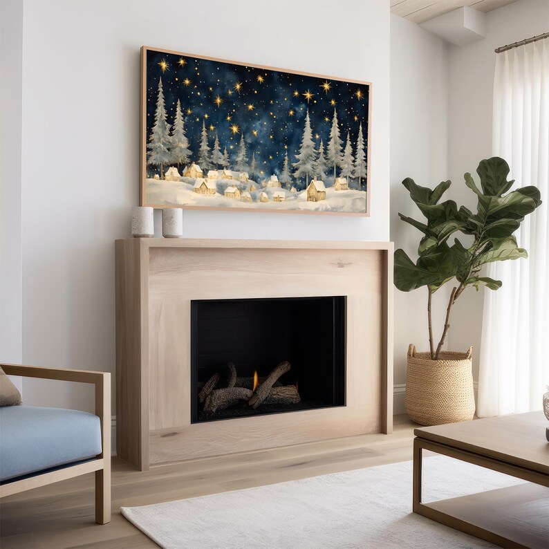 Frame TV Art Winter Village and Pine Trees Christmas Decor, Winter ...