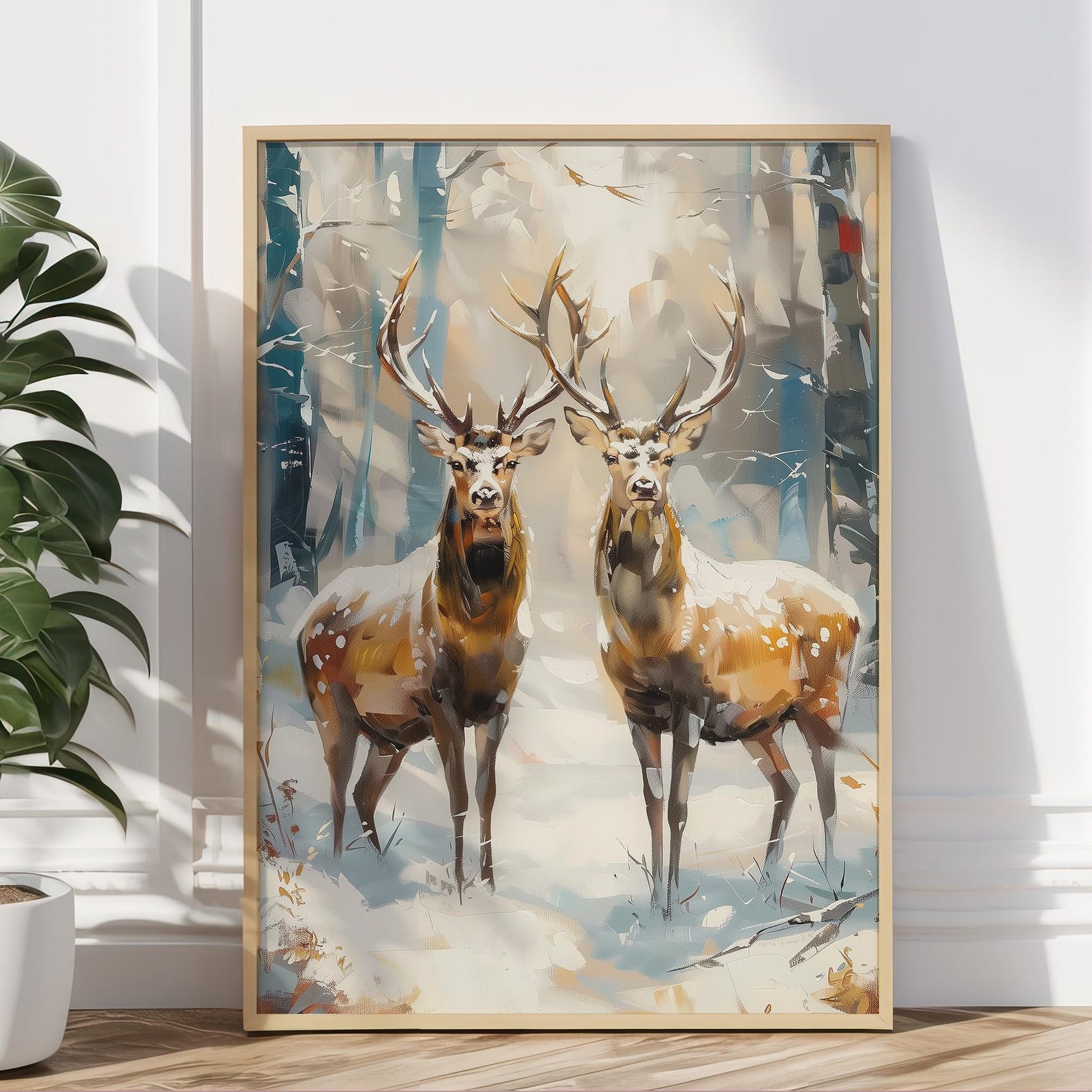 Printable - Stags in Misty Forest, Vintage Painting | Christmas Print ...