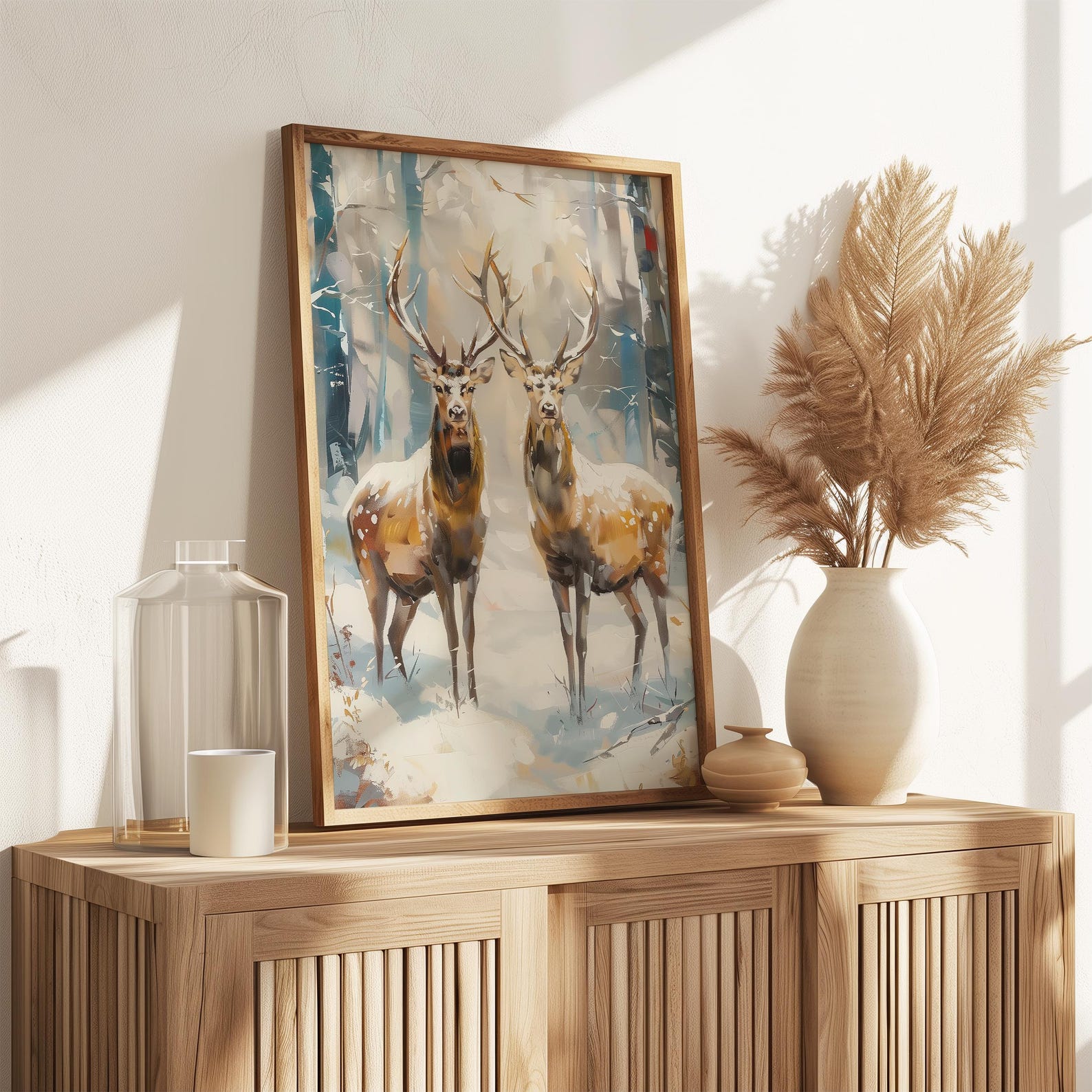 Printable - Stags in Misty Forest, Vintage Painting | Christmas Print ...