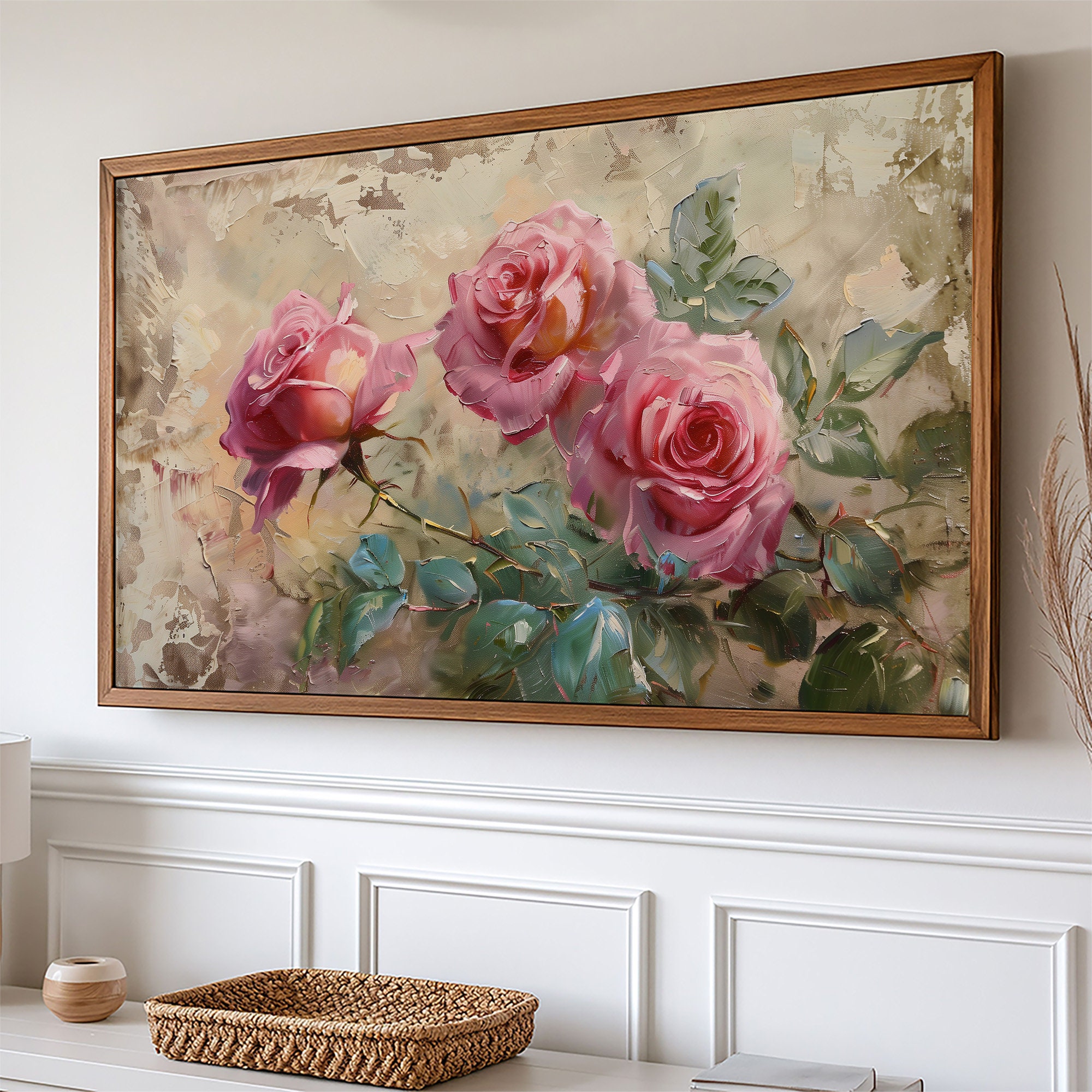 Frame TV Art Pink Roses Vintage Floral Oil Painting, Valentines Floral ...