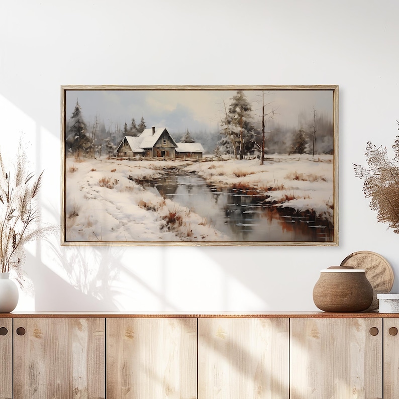 Frame TV Art - Riverbank Cabin Winter Forest | Christmas Decor, Winter ...