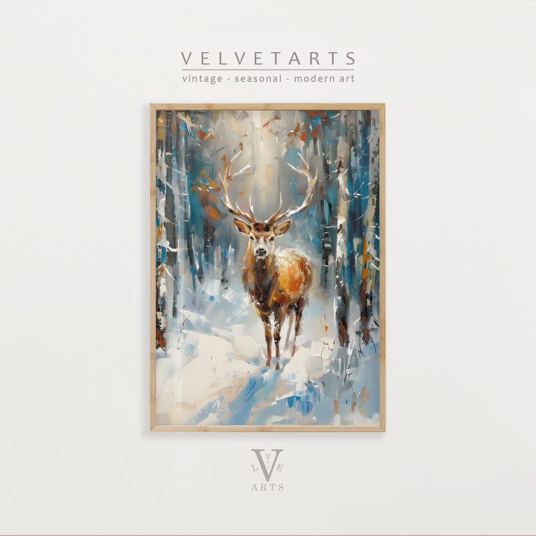 Printable - Stag in Winter Forest, Vintage Painting | Christmas Print ...