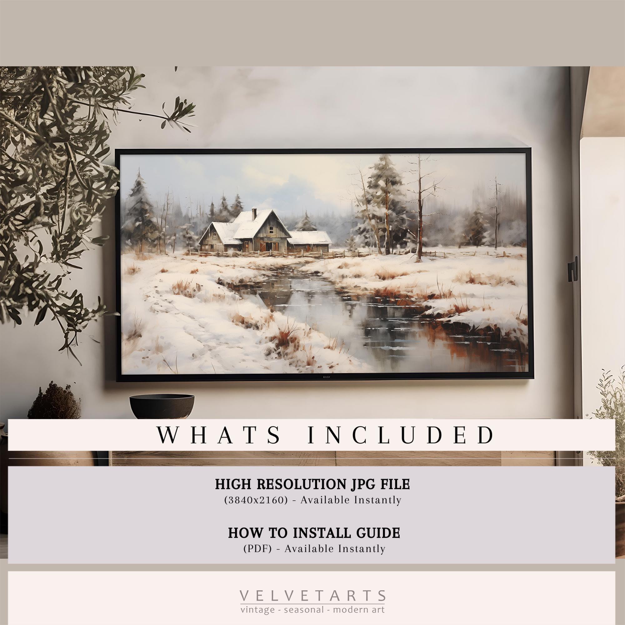 Frame TV Art - Riverbank Cabin Winter Forest | Christmas Decor, Winter ...