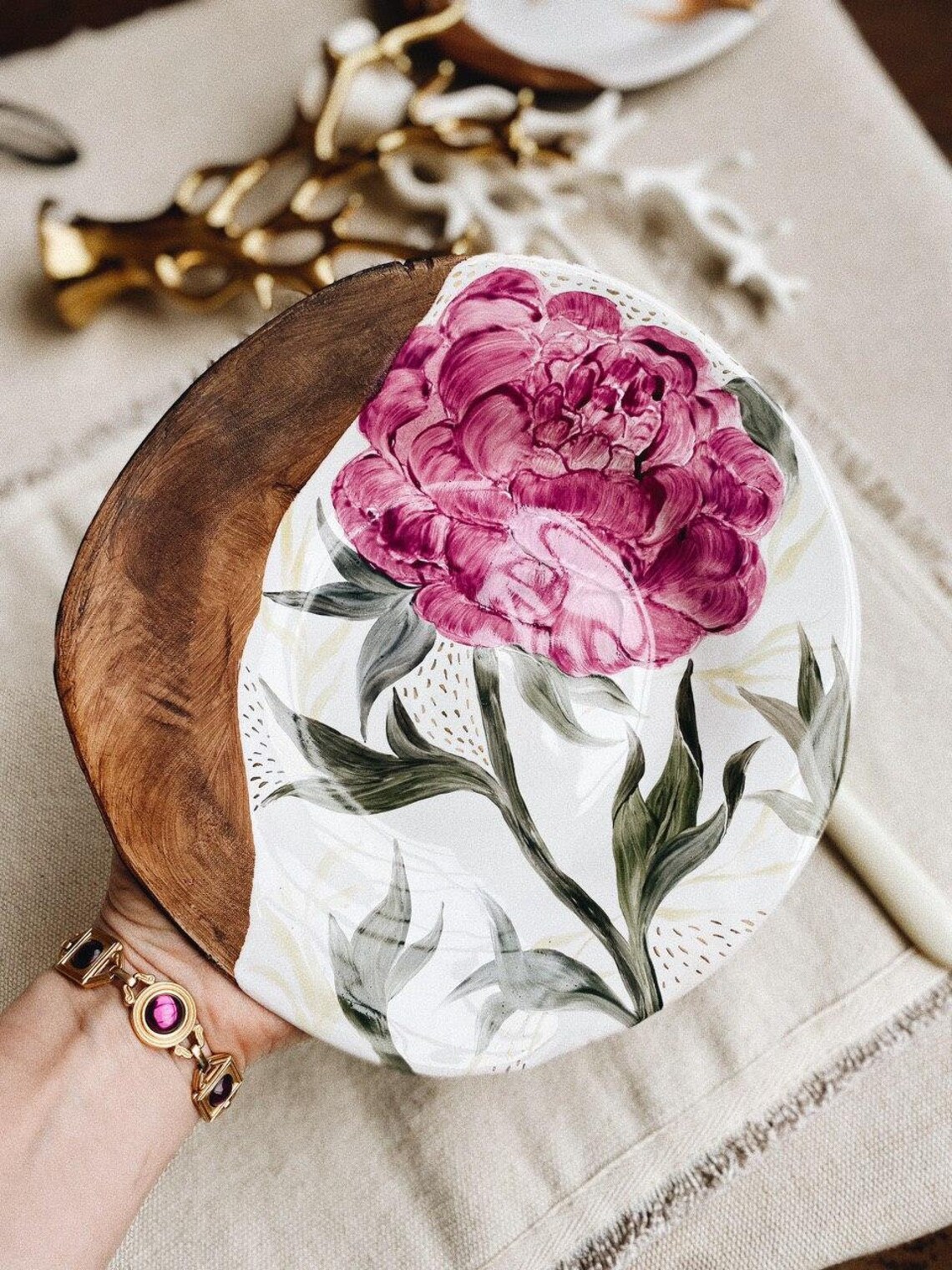 Pink peony pottery dinnerware Botanical flowers plates | Etsy