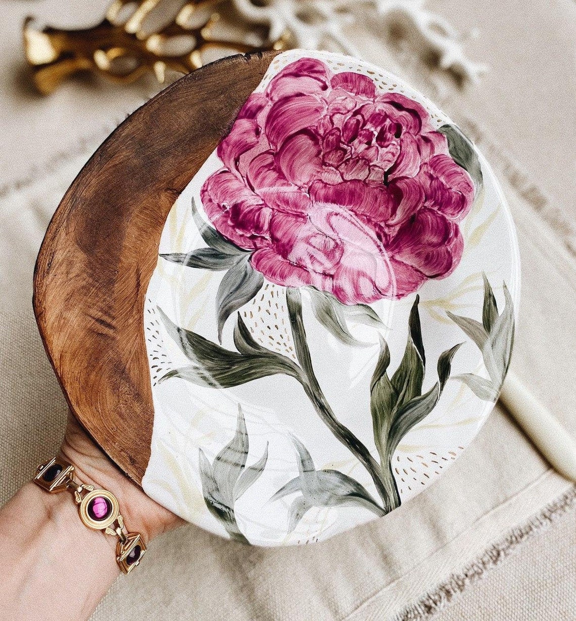 Pink peony pottery dinnerware Botanical flowers plates | Etsy