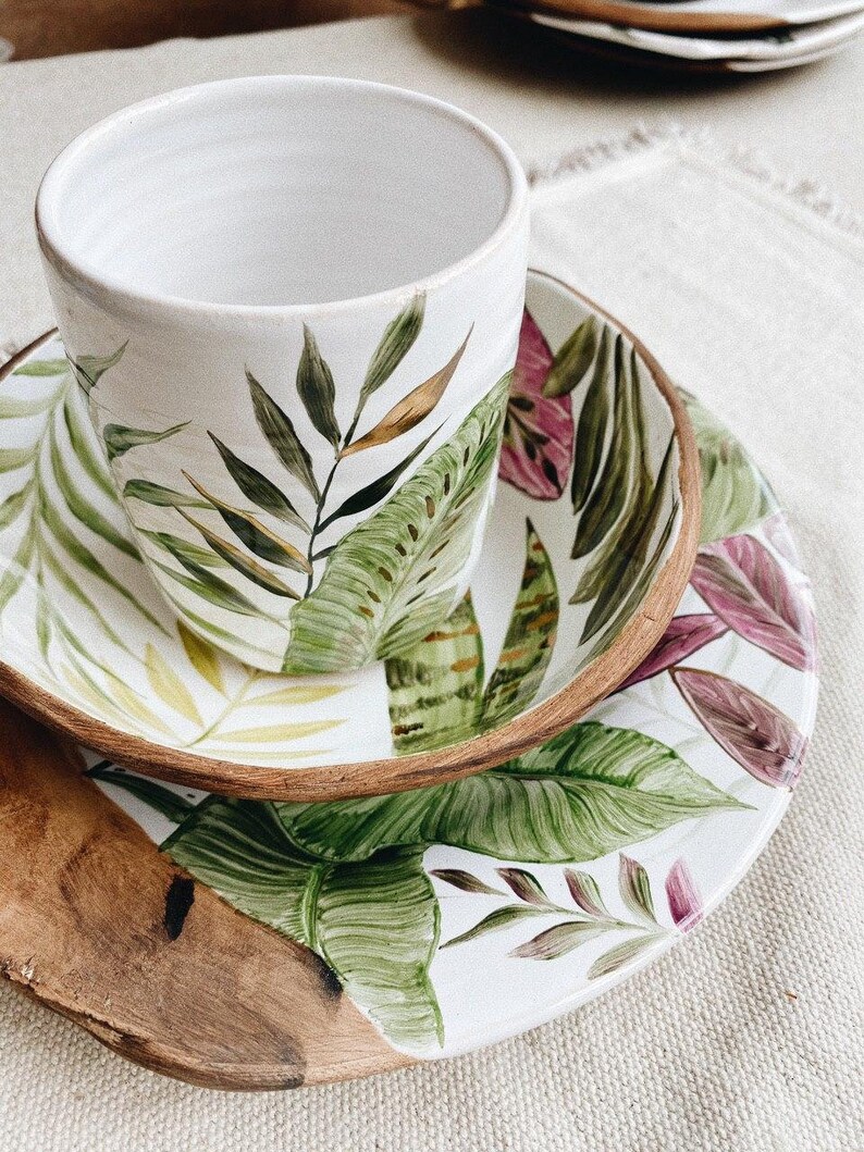Botanical dinnerware set 3 items Tropical leaves mug | Etsy