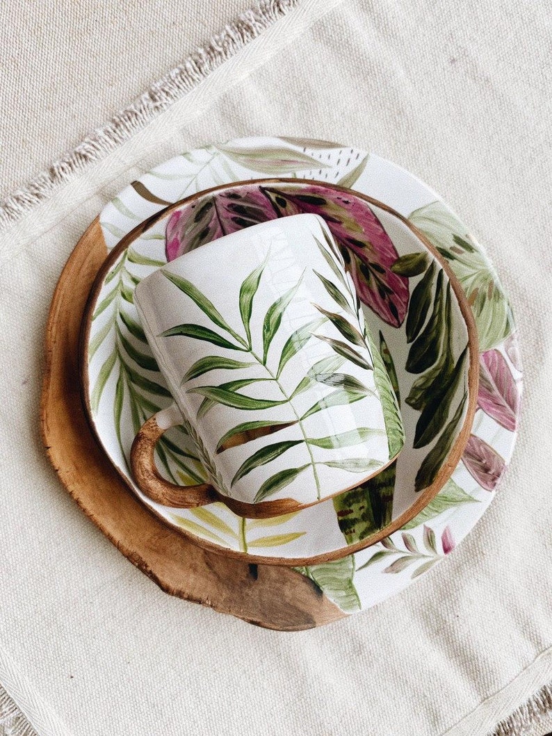 Botanical dinnerware set 3 items Tropical leaves mug | Etsy