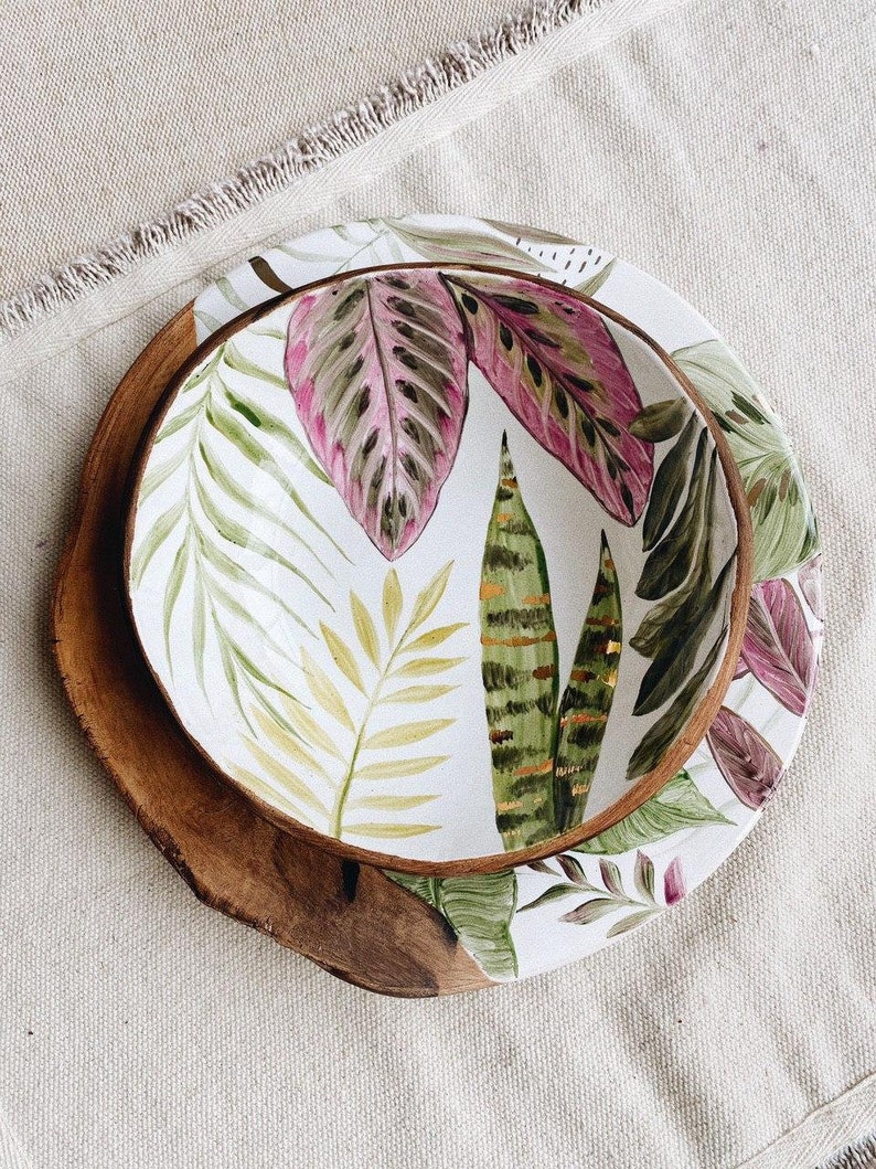 Botanical dinnerware set 3 items Tropical leaves mug | Etsy