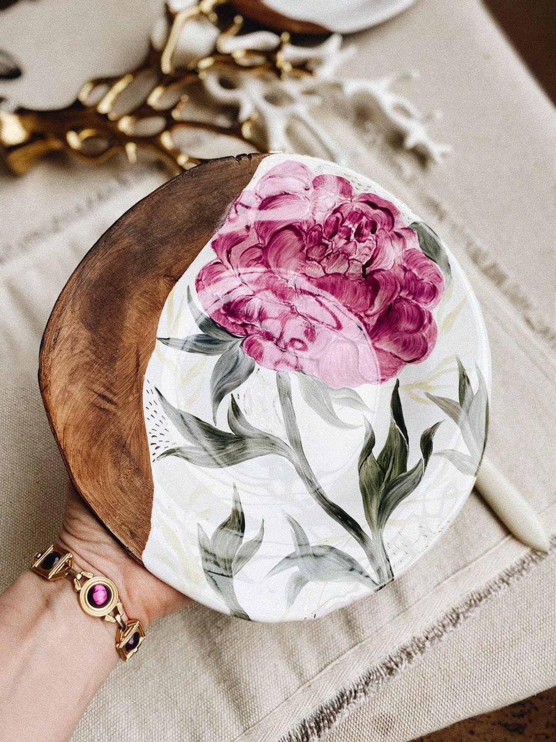 Pink Peony Pottery Dinnerware, Botanical Colorful Flower Plates, Rustic ...