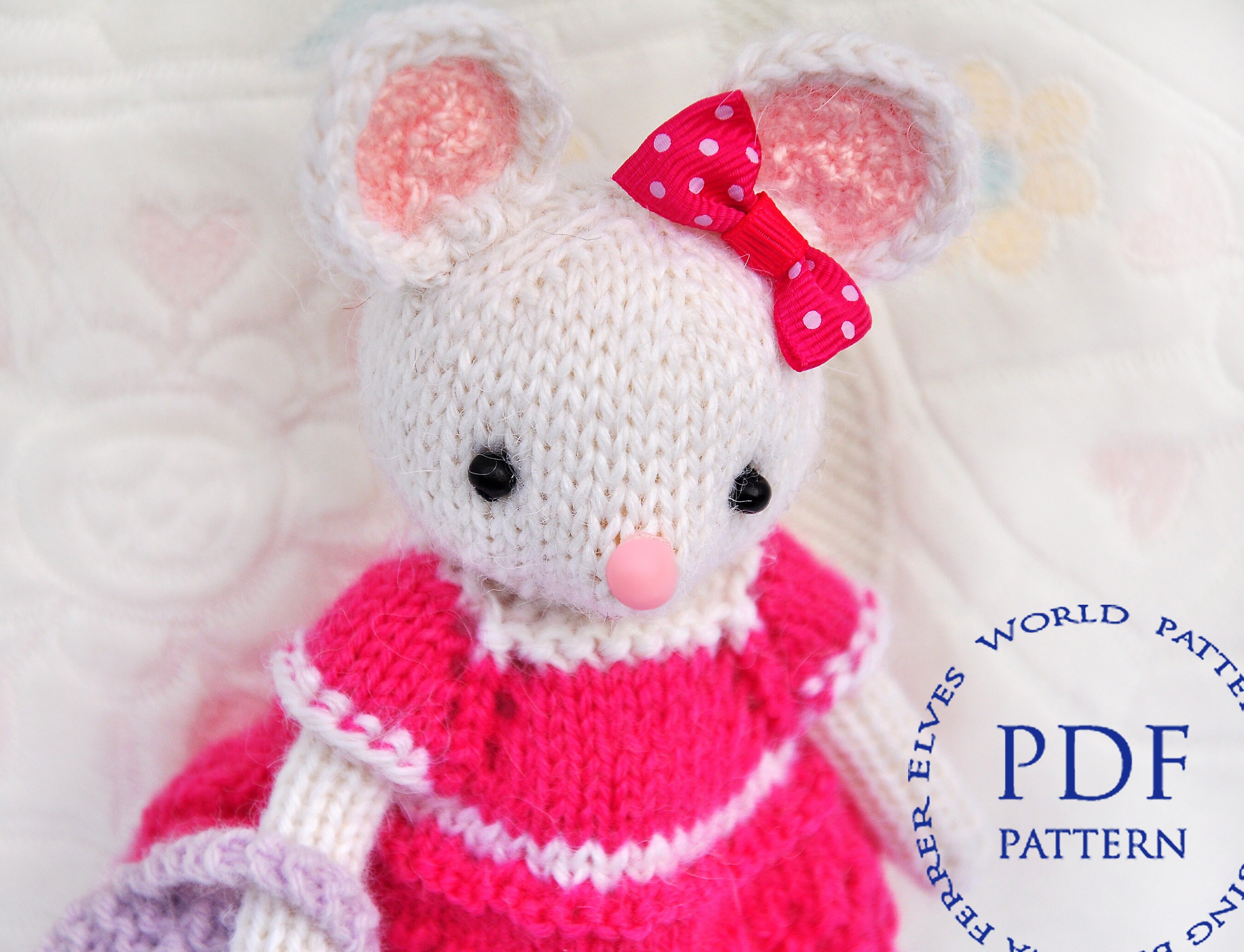 Toy knitting pattern for White Mouse with a cute dress | Etsy