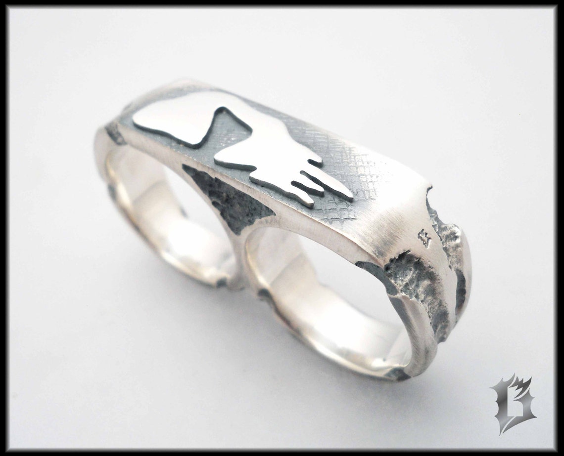 Skull Two Fingers Ring, Oxidized 925 Sterling Silver Double Ring | #600 ...