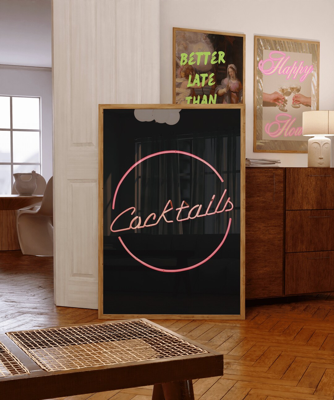 Neon Sign Print Bar Cart Print Bar Cart Art Happy Hour Prints Cocktail ...