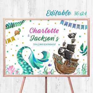 Editable Mermaid Pirate Backdrop, Mermaid or Pirate Welcome Sign ...