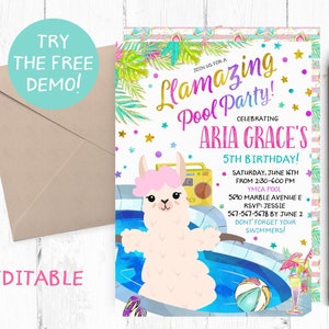 Editable Llama Pool Invitation, Girl Llama Pool Party Bash, Llamazing ...