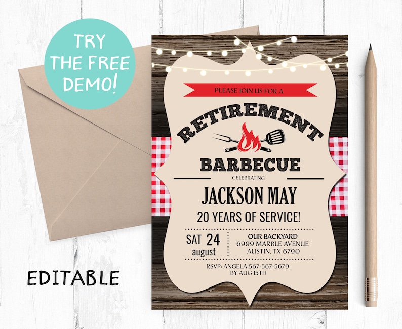 Buy Editable Retirement BBQ Invitation BBQ Retirement Party Online in ...