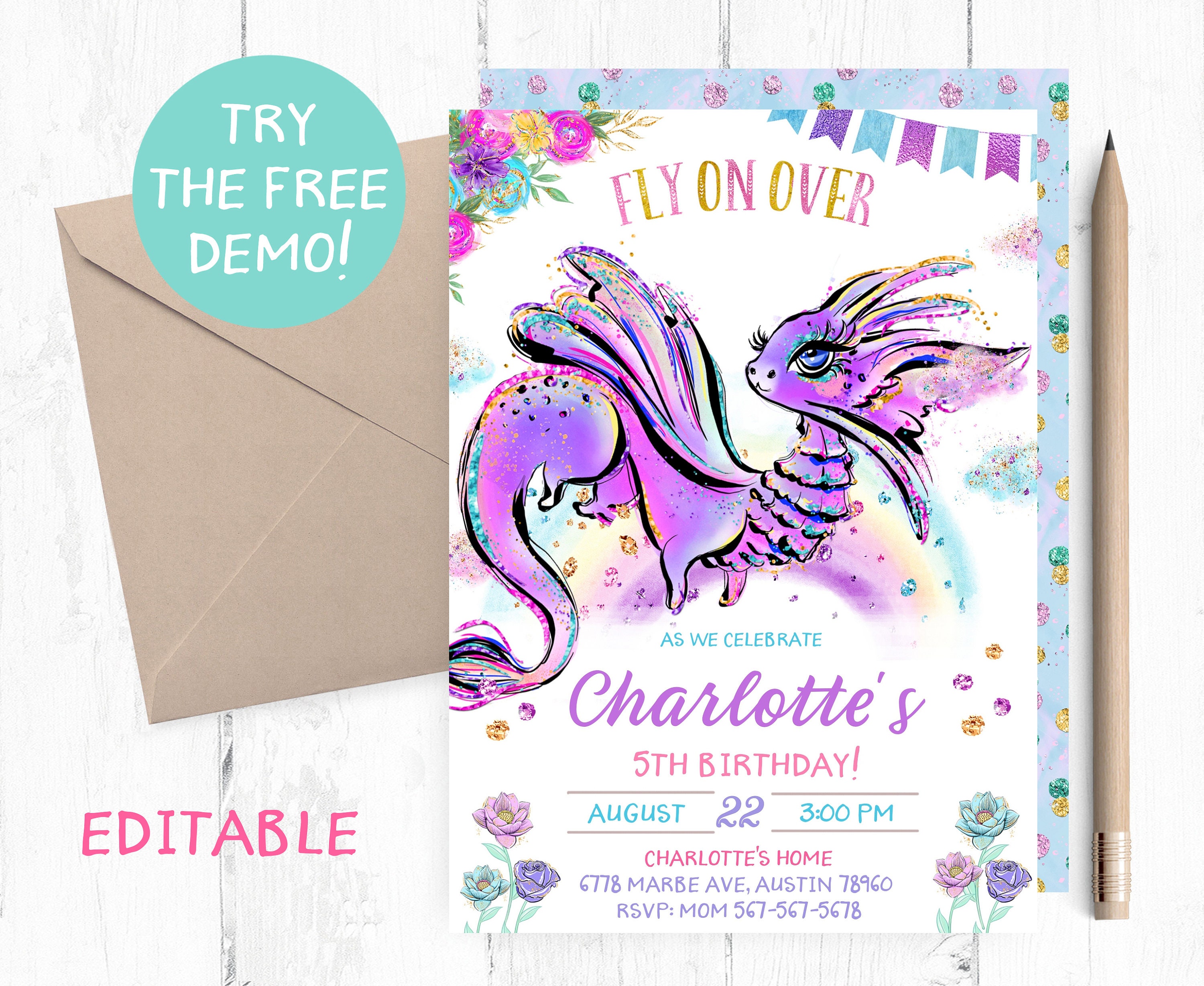 Editable Purple Dragon Invitation Girl Dragon Birthday Party - Etsy