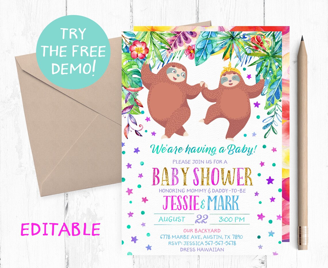 Editable Sloth Baby Shower Invitation Luau Baby Shower - Etsy