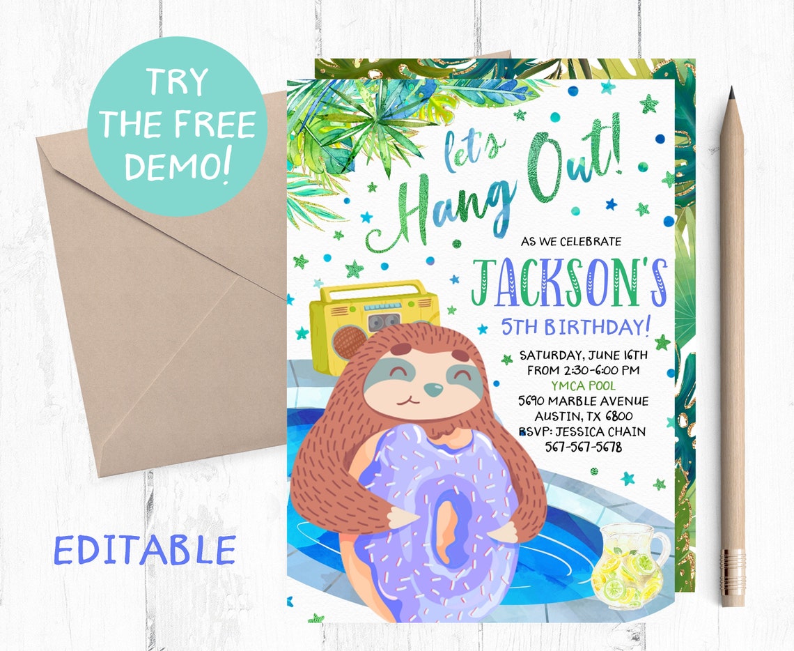 Editable Sloth Donut Pool Invitation Boy, Sloth Pool Birthday Party ...