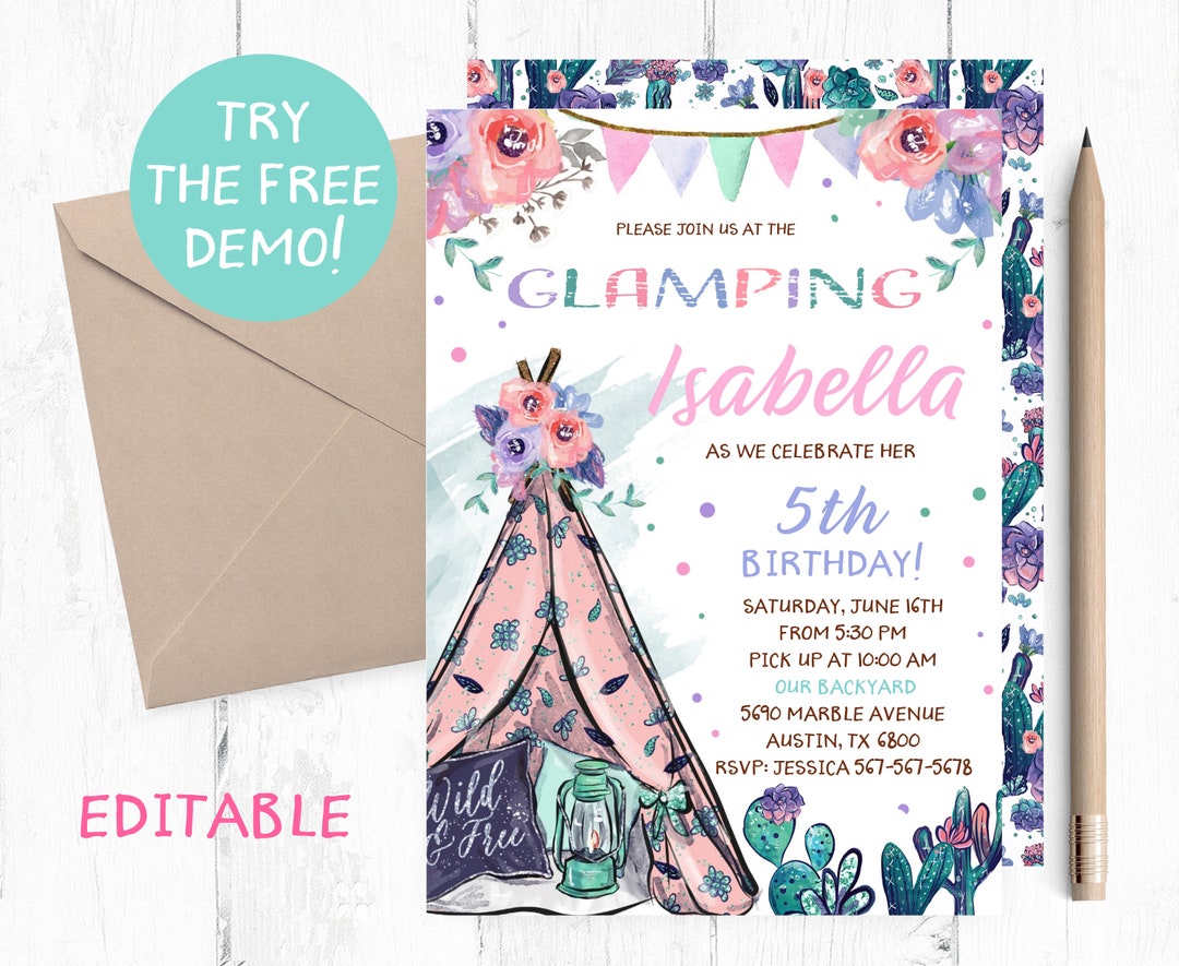 Editable Glamping Invitation, Glamping Girl Instant Invitation, Glamping Teepee Birthday Party ...