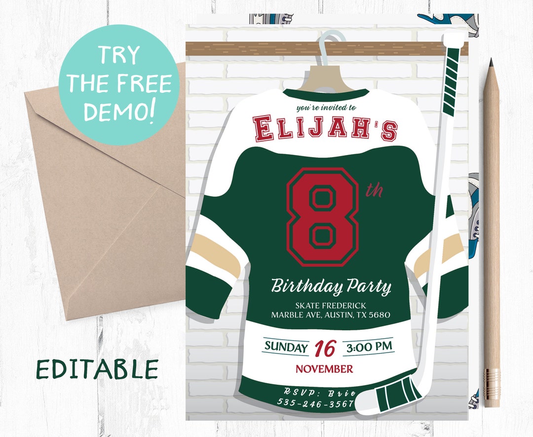 Editable Hockey Invitation, Green Jersey Hockey Birthday Party ...