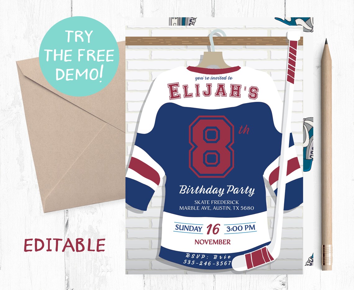 Editable Hockey Party Invitation, Hockey Jersey Blue Burgundy ...