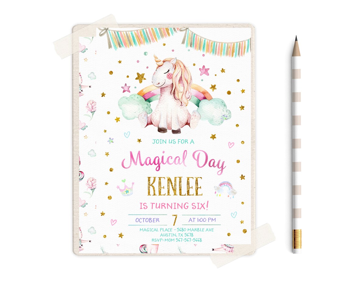Cute Unicorn Invitation Magical Day Unicorn Printable | Etsy