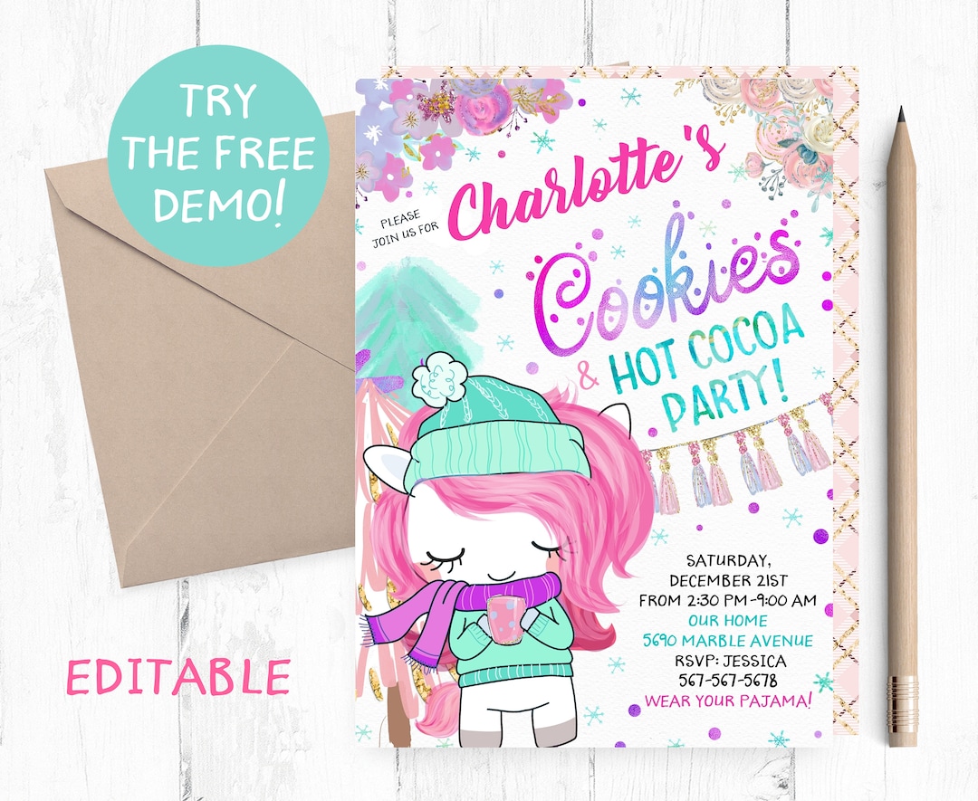 Editable Unicorn Cookies and Hot Cocoa Party, Unicorn Cookies and Cocoa ...