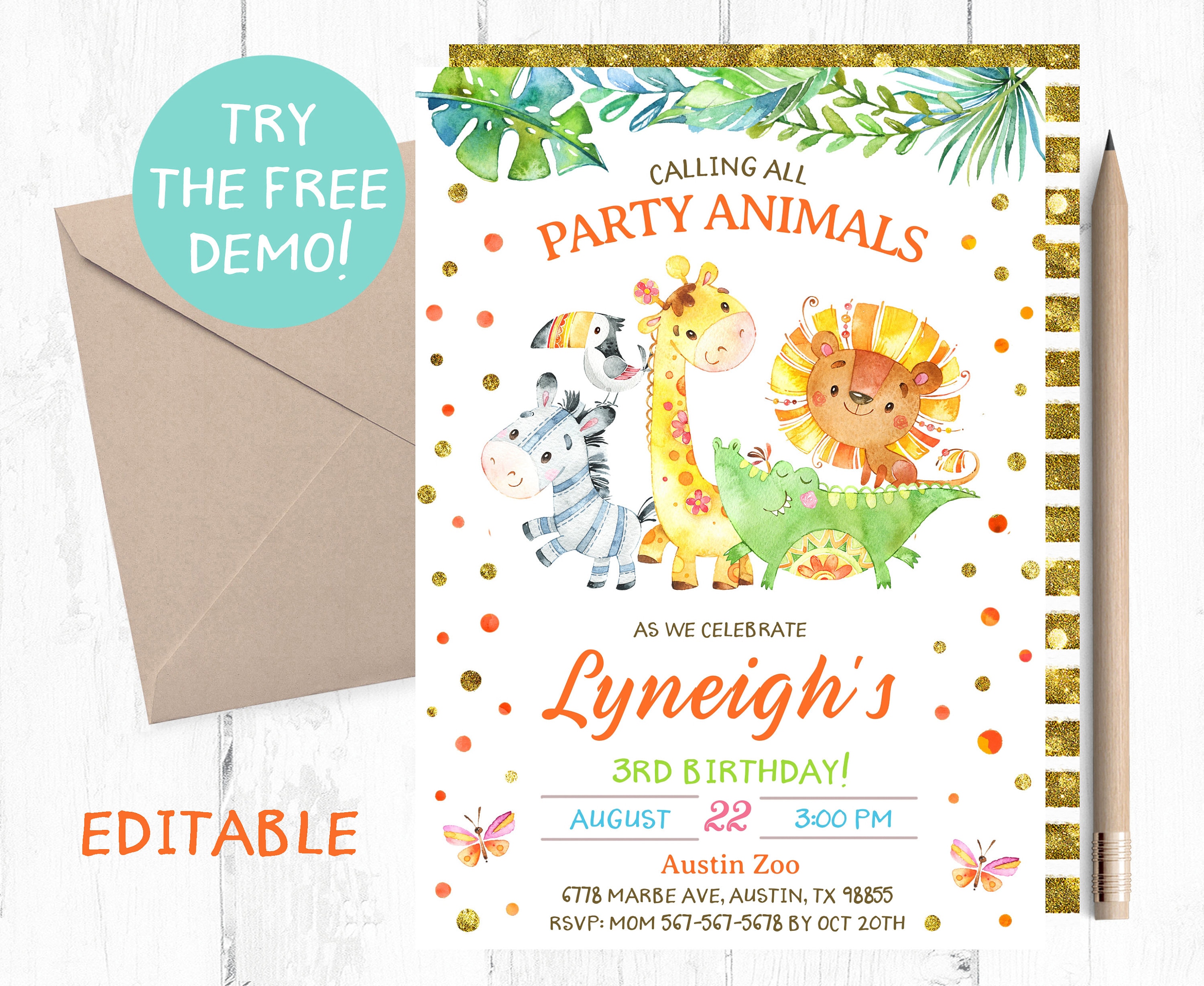 Zoo Animals Birthday Invitation, Zoo Themed Birthday Party Invitations ...