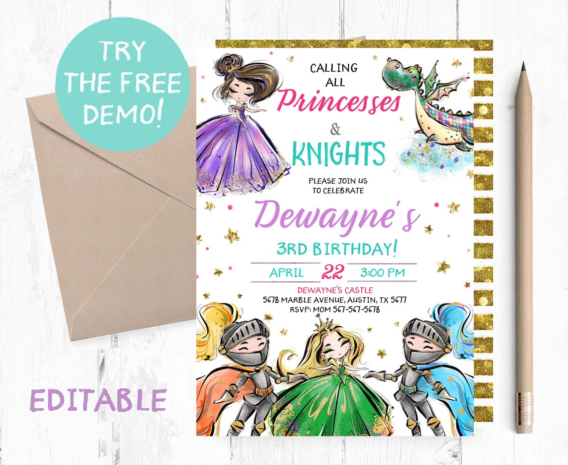 Editable Joint Royal Party Invitation Princess Knight Instant - Etsy