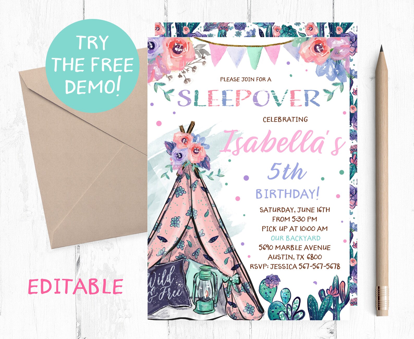 Editable Teepee Sleepover Invitation, Glamping Sleepover Instant ...