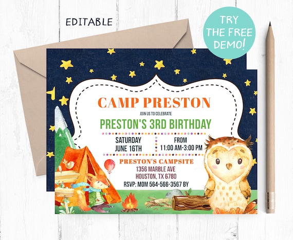 Editable Camping Invitation Template Camp Invitation Instant - Etsy