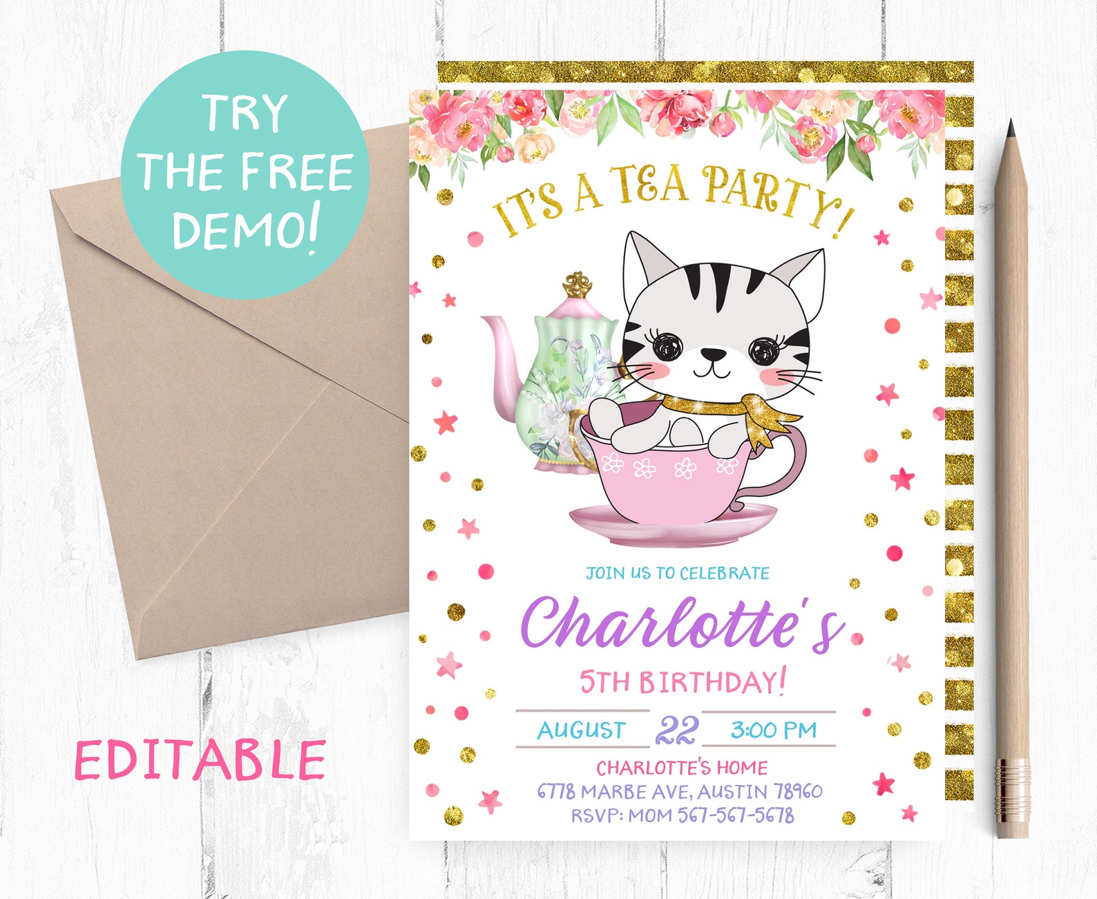 Kitty Tea Party Invitation Kitty Tea Birthday Party | Etsy