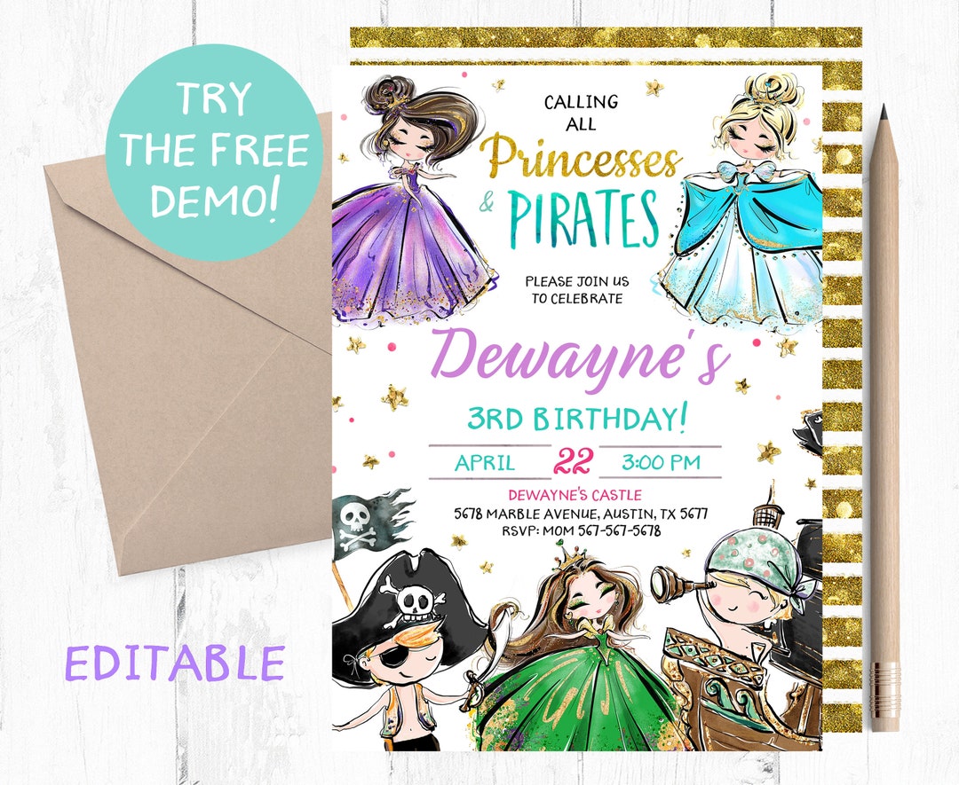 Editable Princesses and Pirates Invitation, Princesses Pirate Instant ...