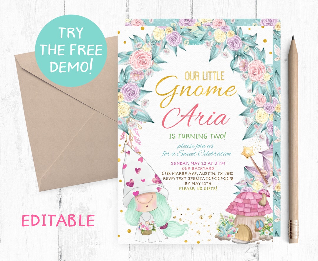 Editable Little Gnome Birthday Party Invitation, Gnome Invitation ...