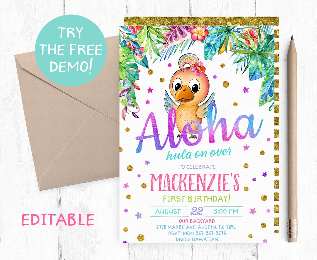 Editable Parrot Luau Invitation, Cute Parrot Invitations, Parrot Luau ...