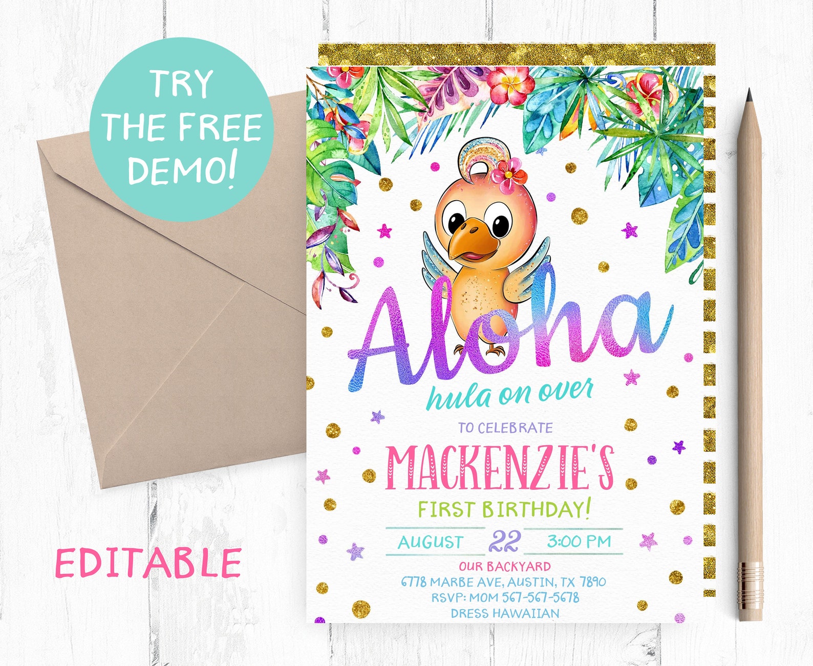 Editable Parrot Luau Invitation Cute Parrot Invitations | Etsy