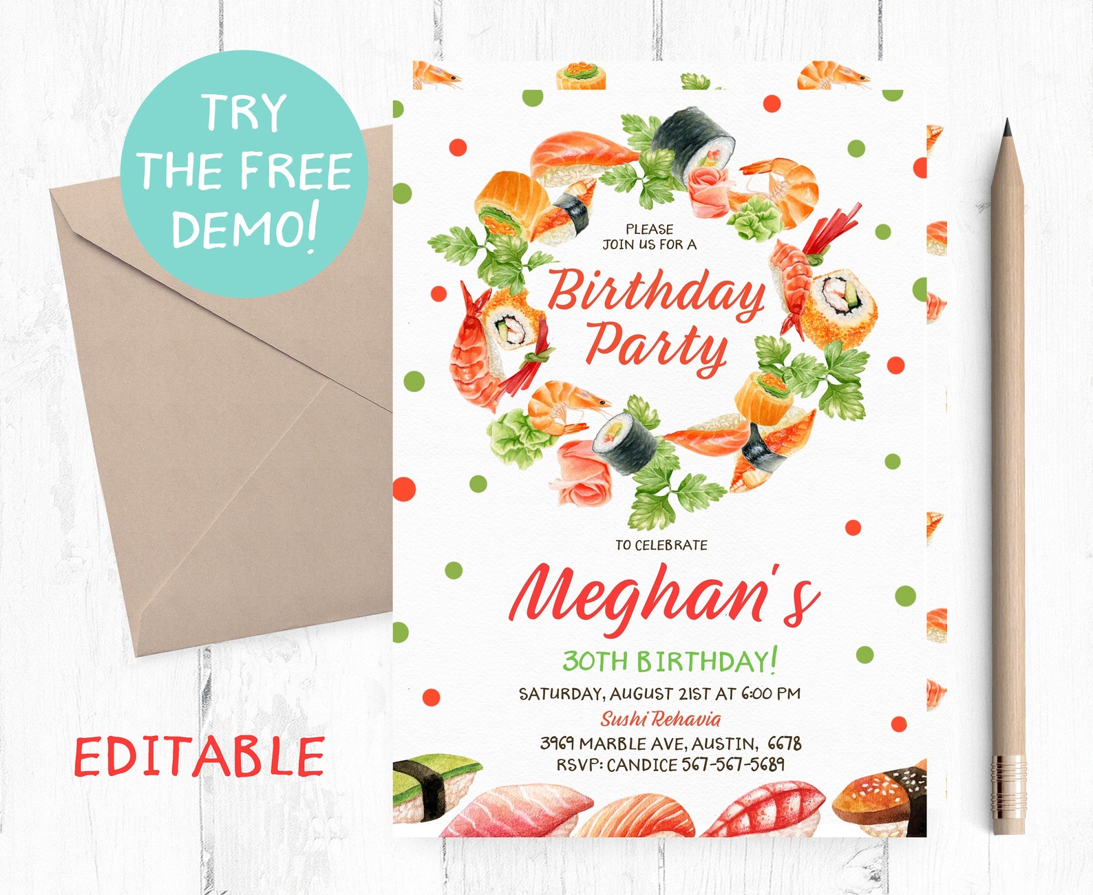 Editable Sushi Birthday Party Invitation, Sushi Party Invitation, Sushi ...