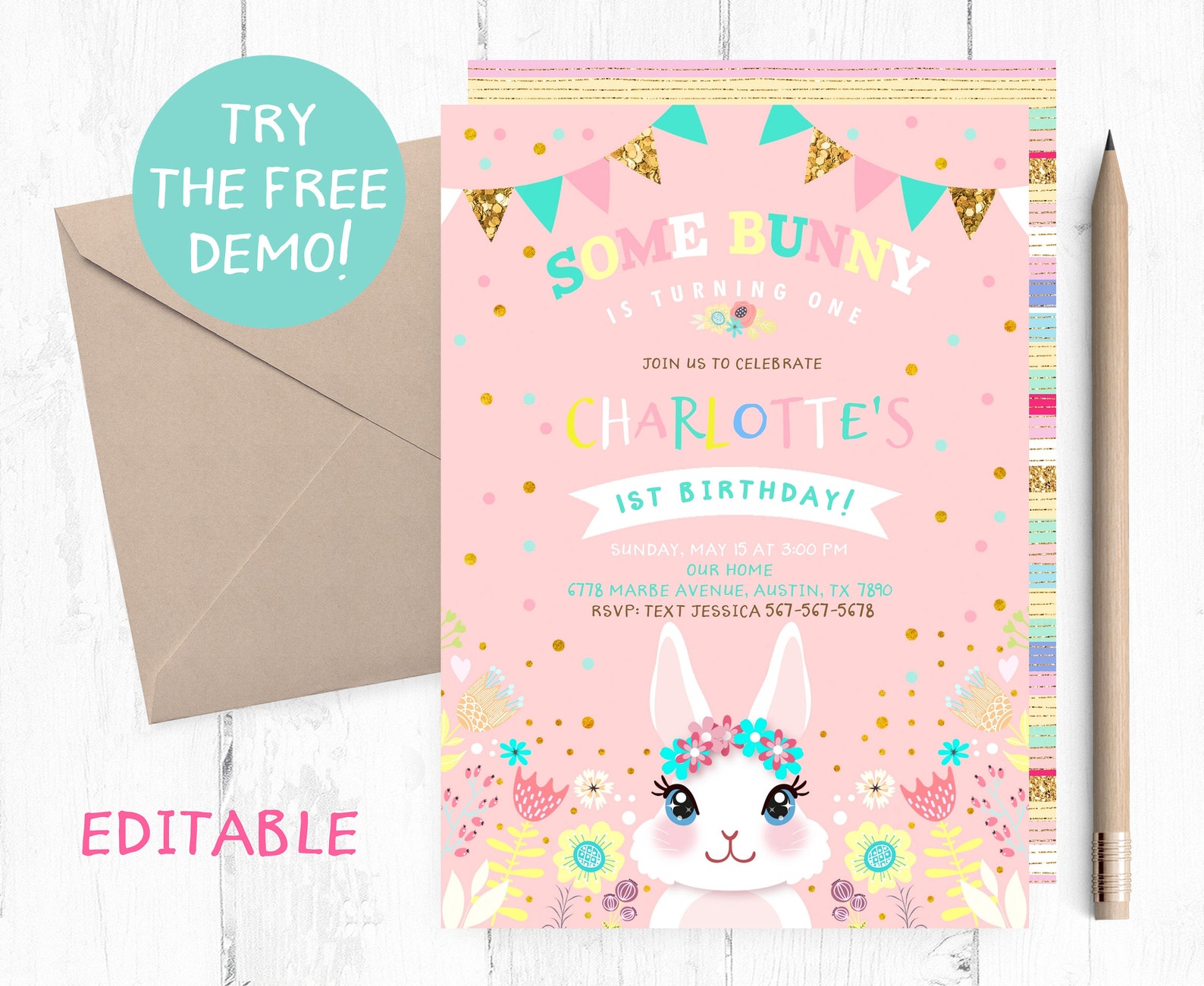 Editable Spring Bunny Invitation, Cute Bunny Invites, Girl Bunny ...