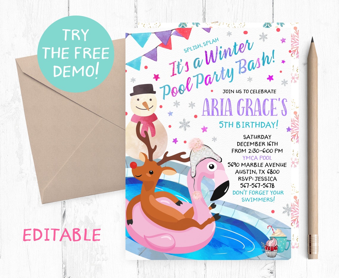 Editable Winter Pool Party Bash Invitation, Winter Flamingo Pool ...