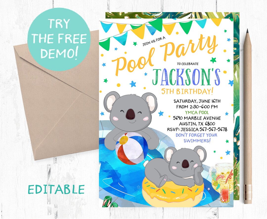 Editable Koala Pool Party Template, Instant Koala Pool Party Invitation ...