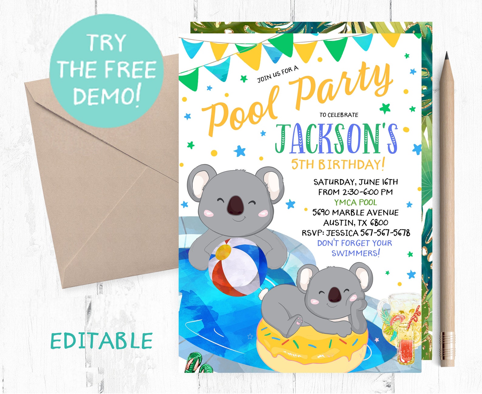 Editable Koala Pool Party Template Instant Koala Pool Party - Etsy