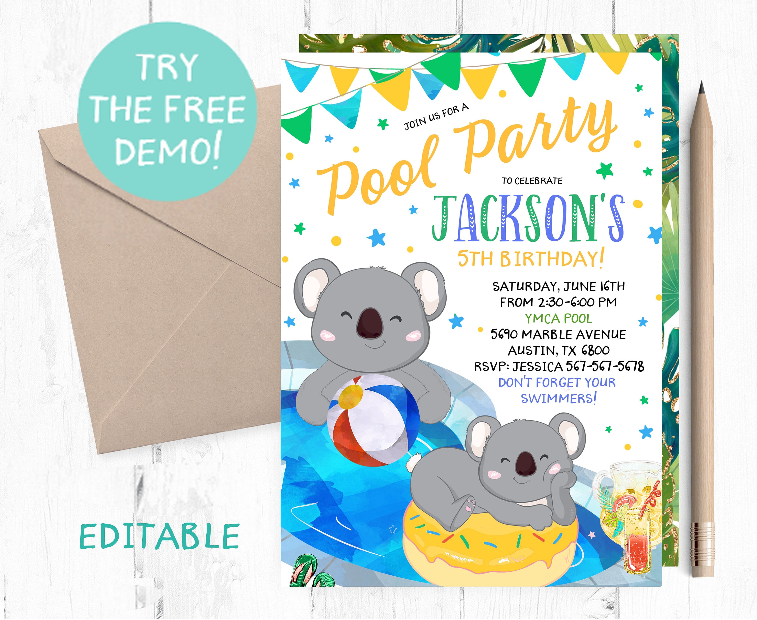 Editable Koala Pool Party Template Instant Koala Pool Party - Etsy