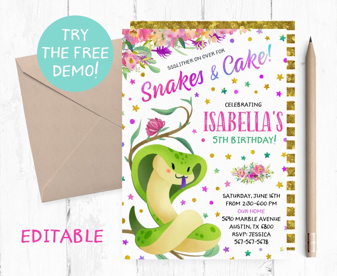 Editable Cute Snake Invitation, Snake Invitation Template, Snakes ...