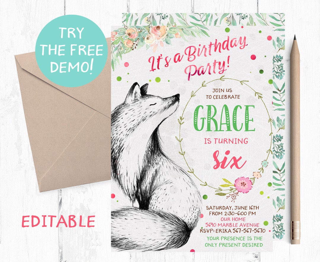Spring Fox Invitations, Fox Birthday Party Invitation, Fox Birthday ...