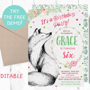 Spring Fox Invitations, Fox Birthday Party Invitation, Fox Birthday ...