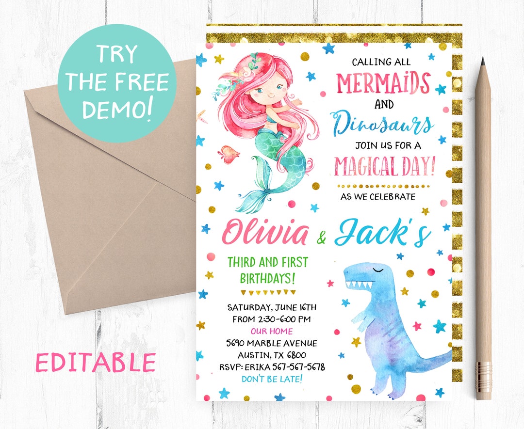 Joint Mermaids and Dinosaurs Invitation, Joint Mermaids Dinosaurs ...