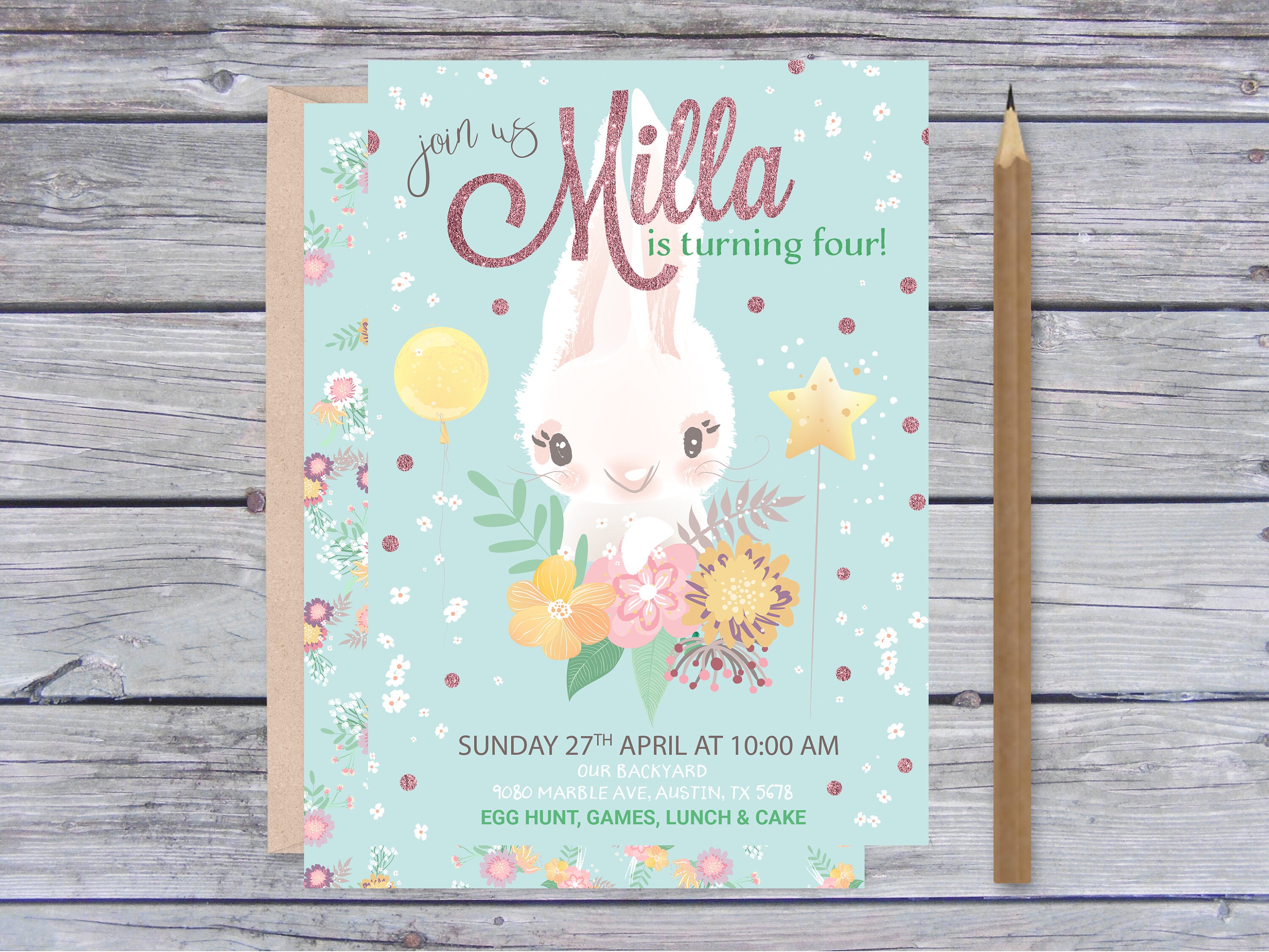 Bunny Birthday Party Invitation Printable Spring Bunny | Etsy
