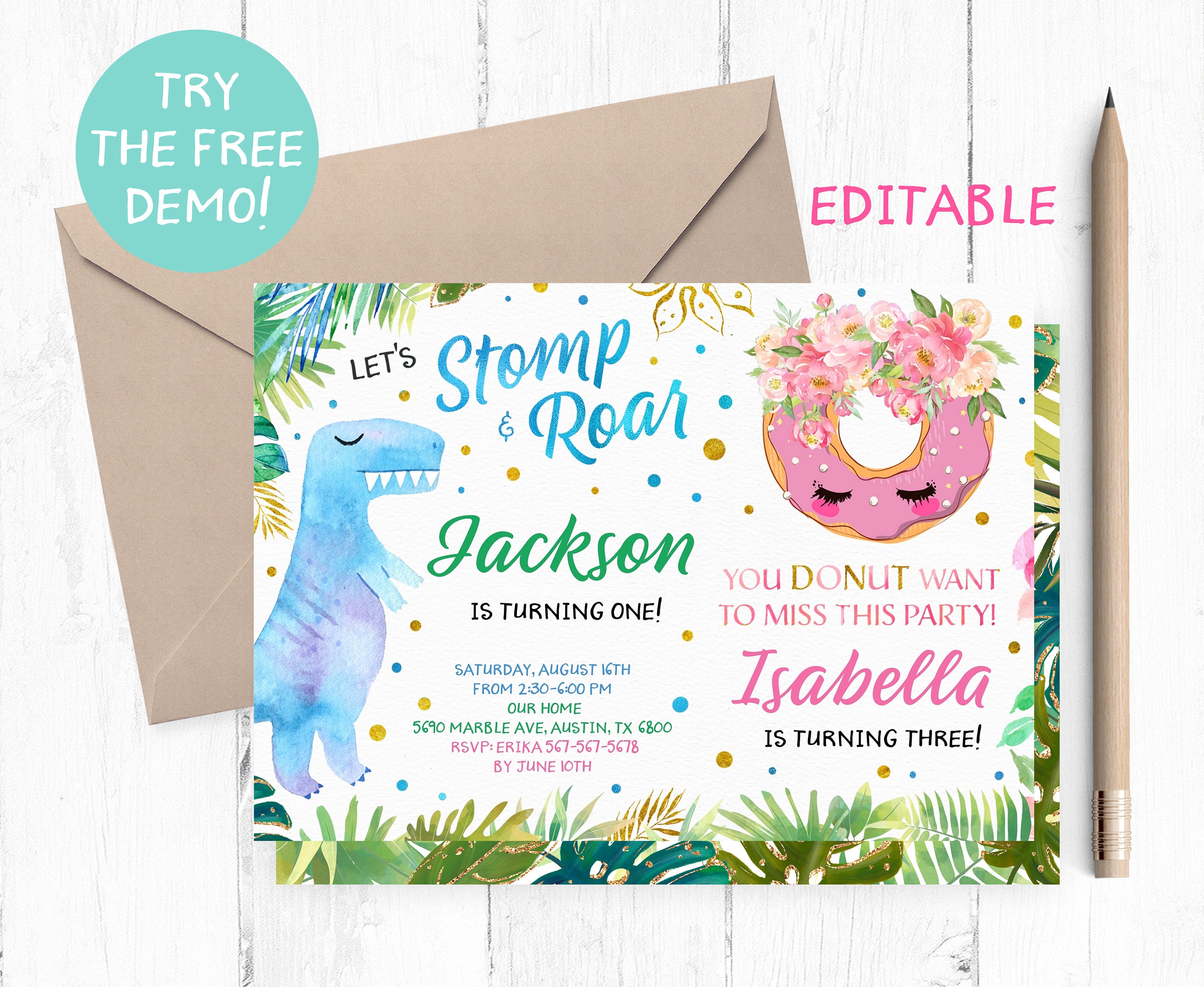 Editable Joint Donuts and Dinosaurs Invitation Joint Donuts - Etsy